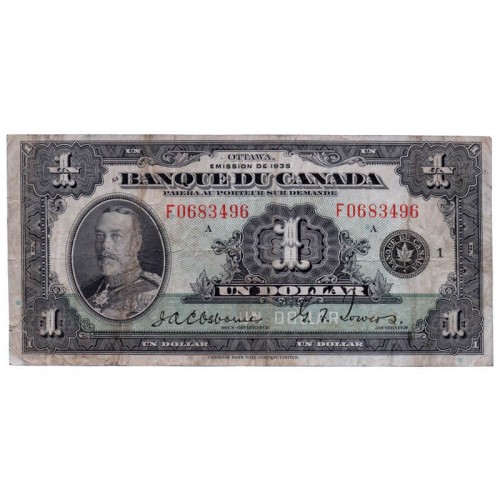 1935 Banque du Canada $1 HM King George V French Series F Bill Note (F15)