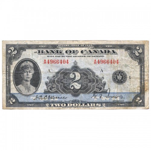 1935 Bank of Canada $2 Queen Mary English Series A Bill Note (VF+ ...