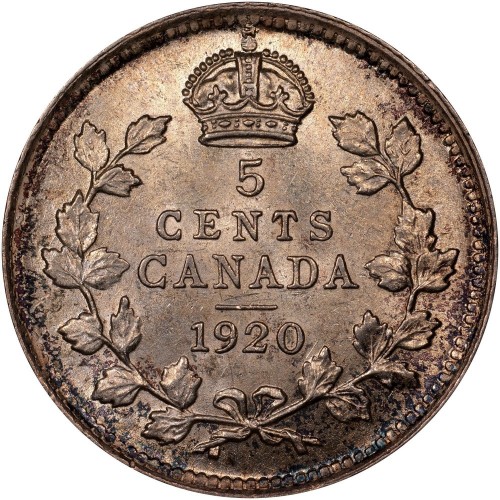 1920 Canadian 5-Cent Small Silver Coin (VF+)