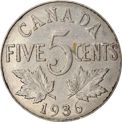 1936 Canadian 5-Cent Nickel Coin (Circulated)