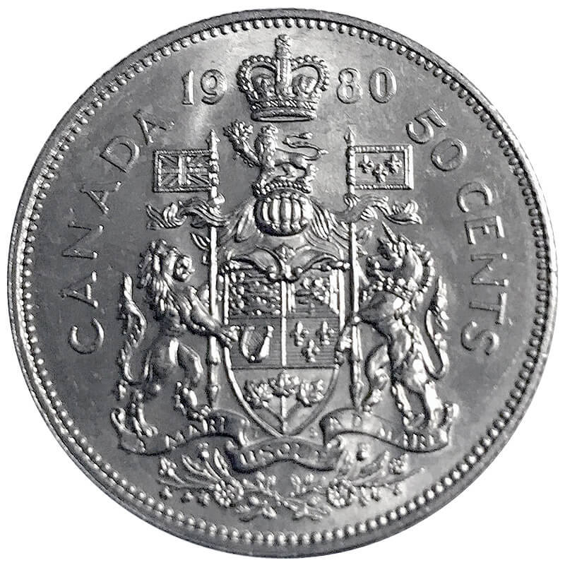 1980 Canadian 50-Cent Coat of Arms Half Dollar Coin Lot of 100pcs ...