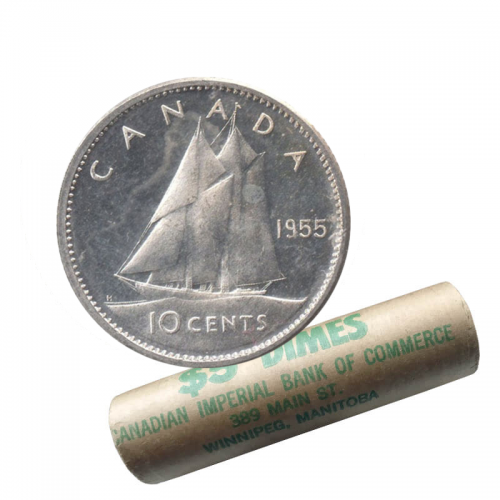 1955 Canadian 10-Cent Bluenose Schooner Dime Silver Original Coin Roll