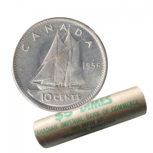 1956 Canadian 10-Cent Bluenose Schooner Dime Silver Original Coin Roll