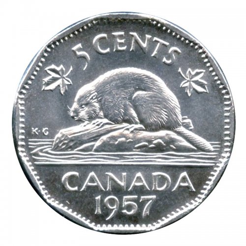 1957 Canadian 5-Cent Beaver Nickel Coin (Uncirculated)