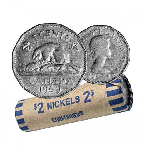 1959 Canadian 5-Cent Beaver Nickel Coin Roll (Circulated)