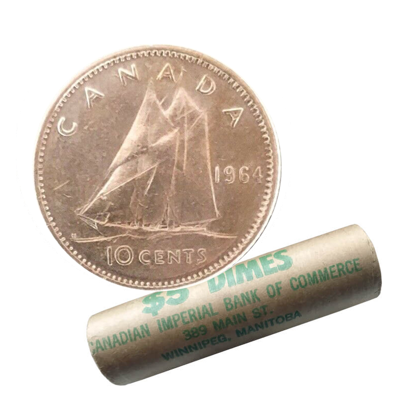 1964 Canadian 10-Cent Bluenose Schooner Dime Silver Original Coin Roll
