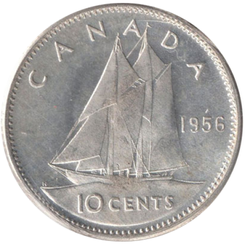 1956 Canadian 10-Cent Bluenose Schooner Dime Silver Coin (AU or better)