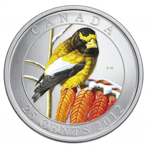 2012 Canadian 25-Cent Birds of Canada #10: Evening Grosbeak Coloured Coin